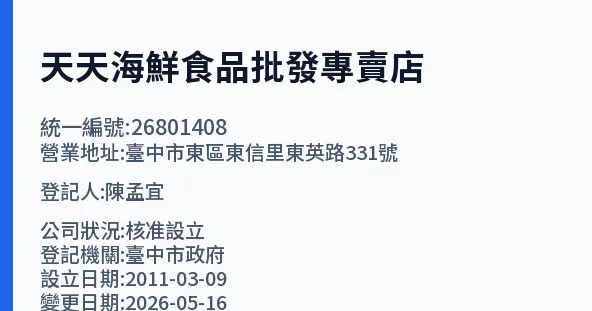 天天海鮮食品批發專賣店的照片-統編 26801408(臺中市) 公司登記資料與營業項目詳細圖表