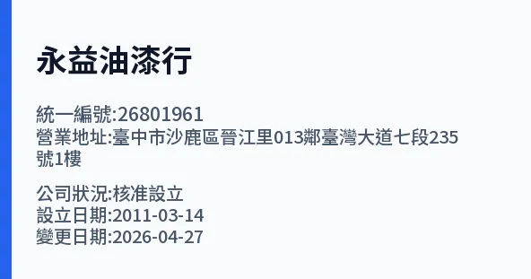 永益油漆行的照片-統編 26801961(臺中市) 公司登記資料與營業項目詳細圖表