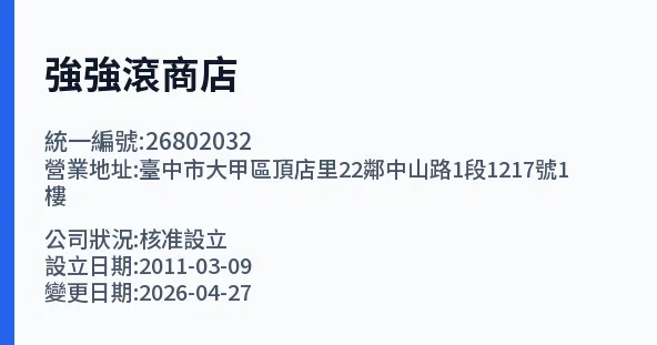 強強滾商店的照片-統編 26802032(臺中市) 公司登記資料與營業項目詳細圖表