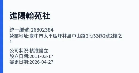 進陽翰苑社的照片-統編 26802384(臺中市) 公司登記資料與營業項目詳細圖表