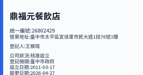 鼎福元餐飲店的照片-統編 26802429(臺中市) 公司登記資料與營業項目詳細圖表