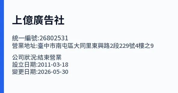 上億廣告社的照片-統編 26802531(臺中市) 公司登記資料與營業項目詳細圖表