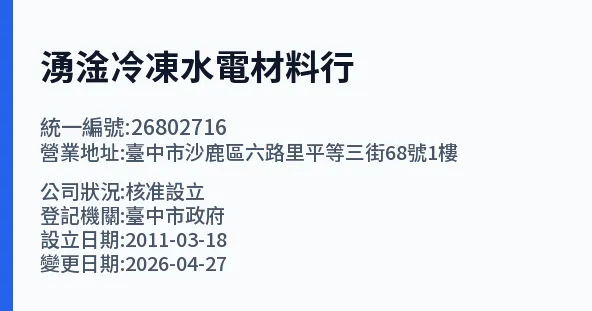 湧淦冷凍水電材料行的照片-統編 26802716(臺中市) 公司登記資料與營業項目詳細圖表