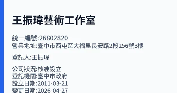 王振瑋藝術工作室的照片-統編 26802820(臺中市) 公司登記資料與營業項目詳細圖表
