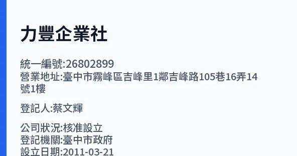 力豐企業社的照片-統編 26802899(臺中市) 公司登記資料與營業項目詳細圖表