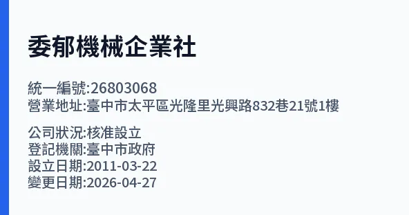 委郁機械企業社的照片-統編 26803068(臺中市) 公司登記資料與營業項目詳細圖表