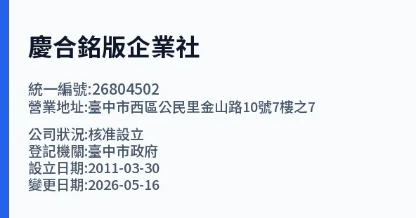 慶合銘版企業社的照片-統編 26804502(臺中市) 公司登記資料與營業項目詳細圖表