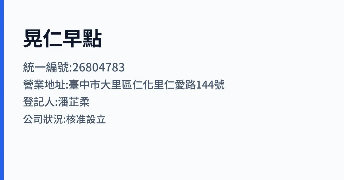 晃仁早點 - 統編 26804783(臺中市) 公司登記資料與營業項目詳細圖表