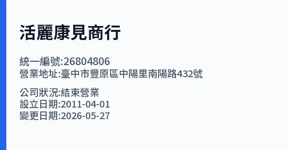 活麗康見商行的照片-統編 26804806(臺中市) 公司登記資料與營業項目詳細圖表