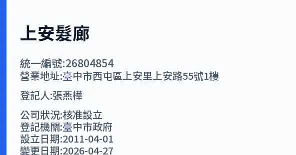 上安髮廊的照片-統編 26804854(臺中市) 公司登記資料與營業項目詳細圖表