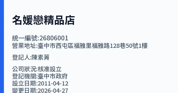 名媛戀精品店的照片-統編 26806001(臺中市) 公司登記資料與營業項目詳細圖表