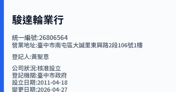 駿達輪業行的照片-統編 26806564(臺中市) 公司登記資料與營業項目詳細圖表
