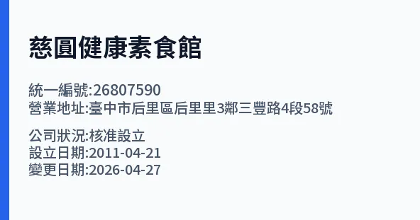 慈圓健康素食館的照片-統編 26807590(臺中市) 公司登記資料與營業項目詳細圖表