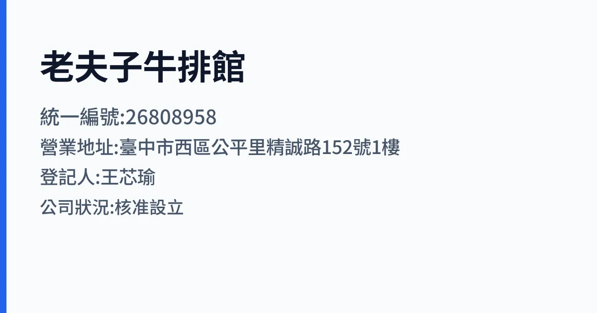 老夫子牛排館 - 統編 26808958(臺中市) 公司登記資料與營業項目詳細圖表