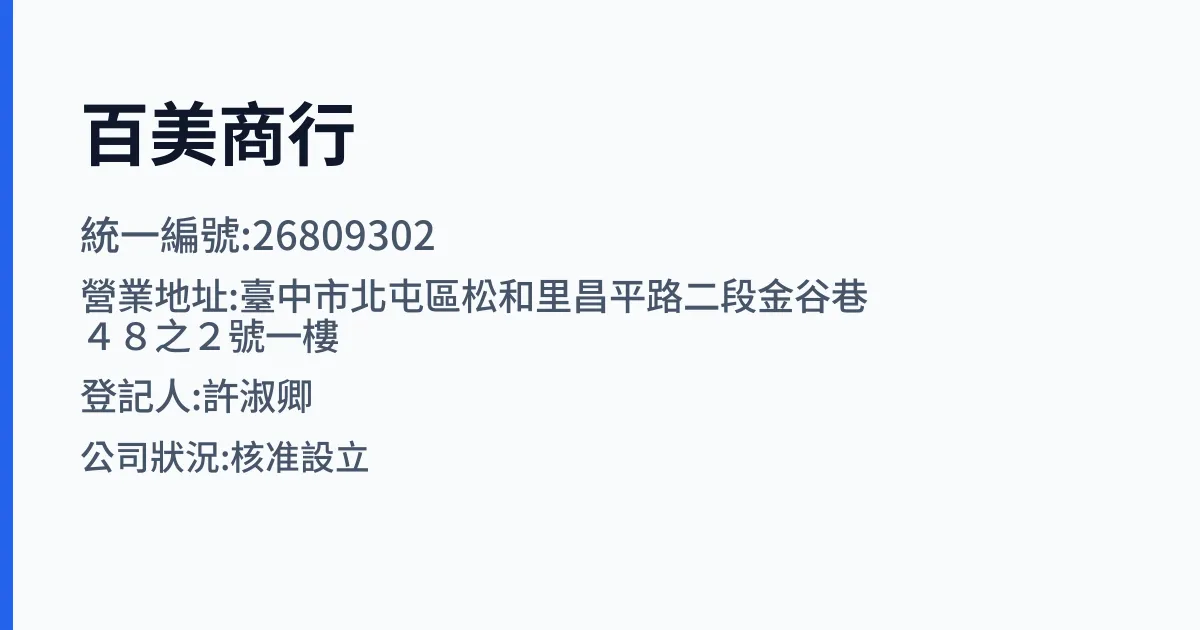 百美商行 - 統編 26809302(臺中市) 公司登記資料與營業項目詳細圖表