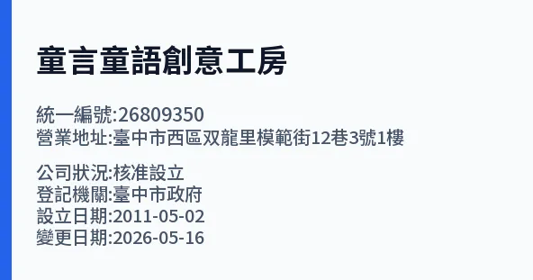 童言童語創意工房的照片-統編 26809350(臺中市) 公司登記資料與營業項目詳細圖表