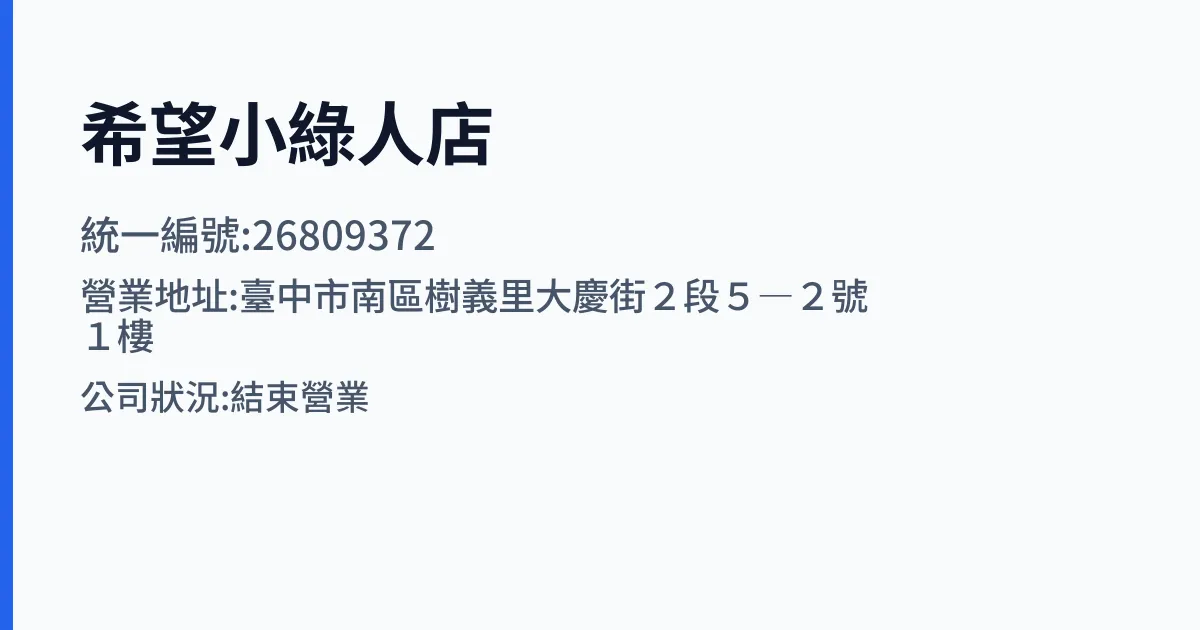 希望小綠人店 - 統編 26809372(臺中市) 公司登記資料與營業項目詳細圖表