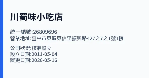 川蜀味小吃店的照片-統編 26809696(臺中市) 公司登記資料與營業項目詳細圖表