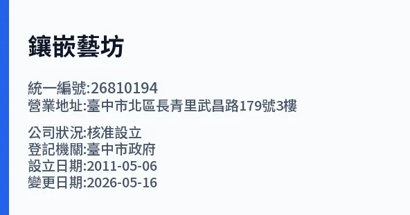 鑲嵌藝坊的照片-統編 26810194(臺中市) 公司登記資料與營業項目詳細圖表