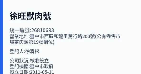 徐旺獸肉號的照片-統編 26810693(臺中市) 公司登記資料與營業項目詳細圖表