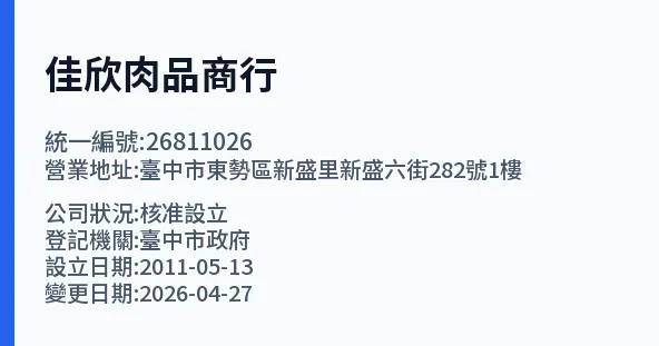 佳欣肉品商行的照片-統編 26811026(臺中市) 公司登記資料與營業項目詳細圖表