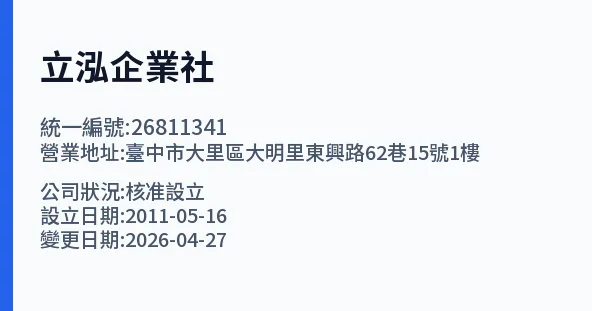 立泓企業社的照片-統編 26811341(臺中市) 公司登記資料與營業項目詳細圖表