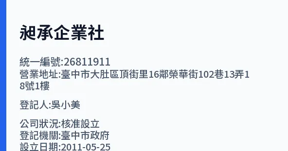 昶承企業社的照片-統編 26811911(臺中市) 公司登記資料與營業項目詳細圖表