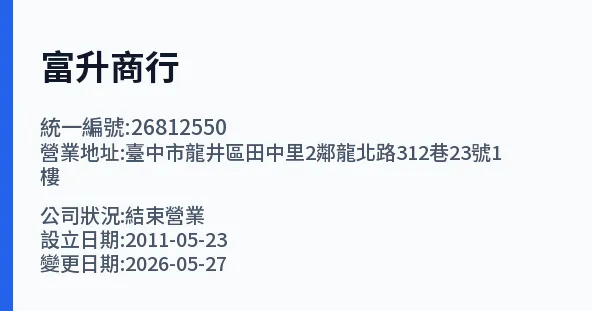 富升商行的照片-統編 26812550(臺中市) 公司登記資料與營業項目詳細圖表