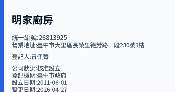 明家廚房的照片-統編 26813925(臺中市) 公司登記資料與營業項目詳細圖表
