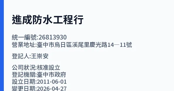 進成防水工程行的照片-統編 26813930(臺中市) 公司登記資料與營業項目詳細圖表