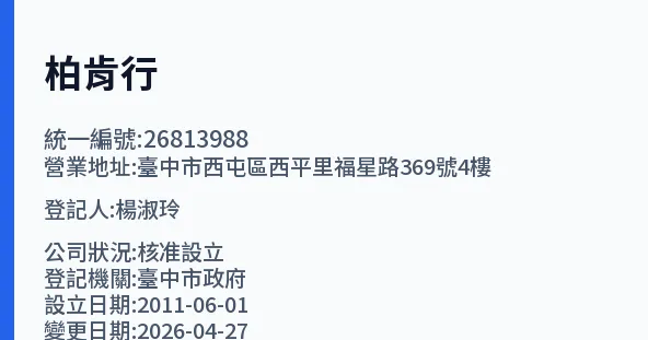 柏肯行的照片-統編 26813988(臺中市) 公司登記資料與營業項目詳細圖表