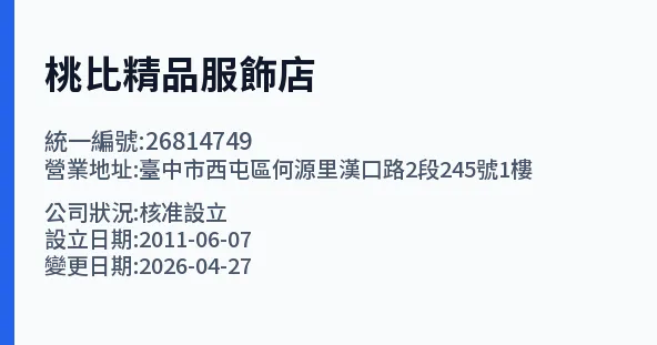 桃比精品服飾店的照片-統編 26814749(臺中市) 公司登記資料與營業項目詳細圖表