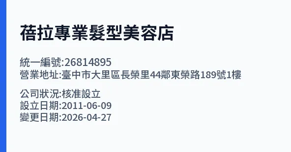 蓓拉專業髮型美容店的照片-統編 26814895(臺中市) 公司登記資料與營業項目詳細圖表