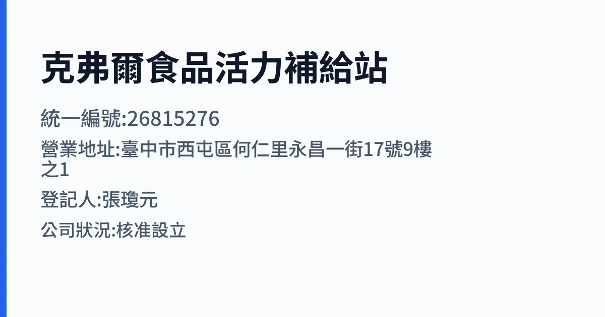 克弗爾食品活力補給站 - 統編 26815276(臺中市) 公司登記資料與營業項目詳細圖表