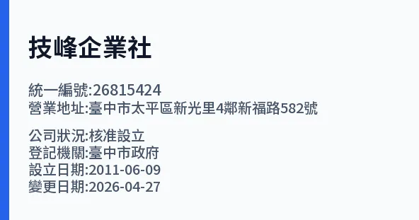 技峰企業社的照片-統編 26815424(臺中市) 公司登記資料與營業項目詳細圖表