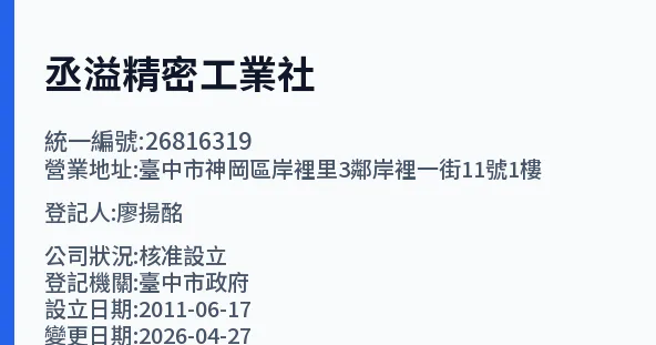 丞溢精密工業社的照片-統編 26816319(臺中市) 公司登記資料與營業項目詳細圖表