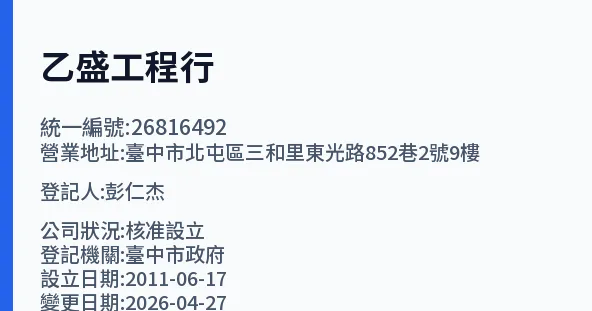 乙盛工程行的照片-統編 26816492(臺中市) 公司登記資料與營業項目詳細圖表