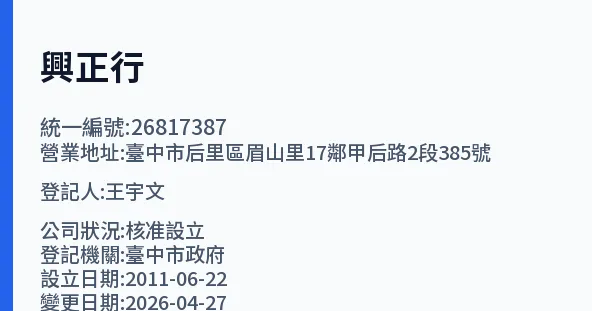 興正行的照片-統編 26817387(臺中市) 公司登記資料與營業項目詳細圖表