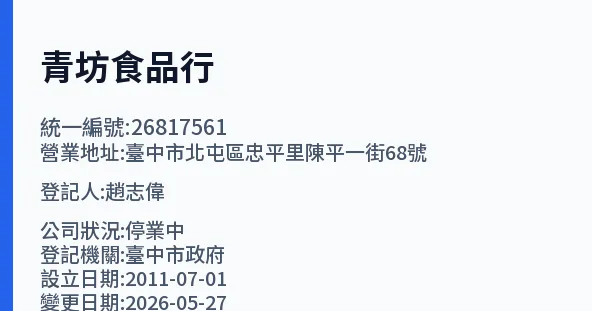 青坊食品行的照片-統編 26817561(臺中市) 公司登記資料與營業項目詳細圖表