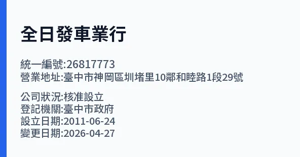 全日發車業行的照片-統編 26817773(臺中市) 公司登記資料與營業項目詳細圖表
