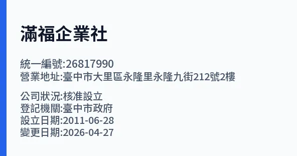 滿福企業社的照片-統編 26817990(臺中市) 公司登記資料與營業項目詳細圖表