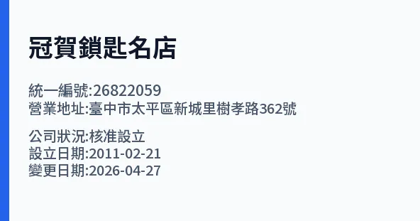 冠賀鎖匙名店的照片-統編 26822059(臺中市) 公司登記資料與營業項目詳細圖表