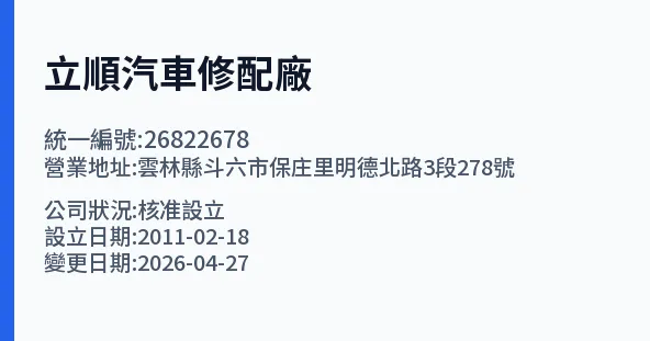 立順汽車修配廠的照片-統編 26822678(雲林縣) 公司登記資料與營業項目詳細圖表