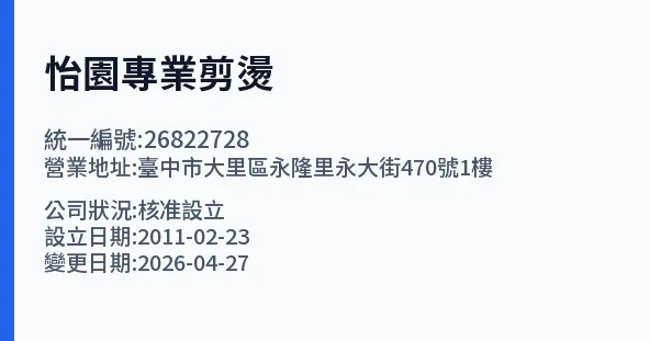 怡園專業剪燙的照片-統編 26822728(臺中市) 公司登記資料與營業項目詳細圖表