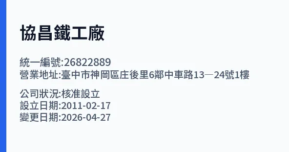 協昌鐵工廠的照片-統編 26822889(臺中市) 公司登記資料與營業項目詳細圖表