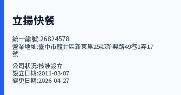 立揚快餐的照片-統編 26824578(臺中市) 公司登記資料與營業項目詳細圖表