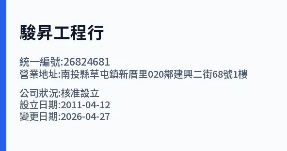 駿昇工程行的照片-統編 26824681(南投縣) 公司登記資料與營業項目詳細圖表