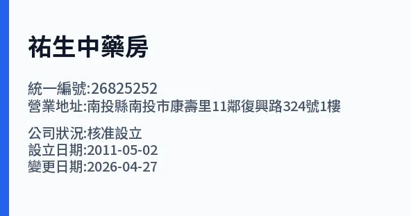 祐生中藥房的照片-統編 26825252(南投縣) 公司登記資料與營業項目詳細圖表