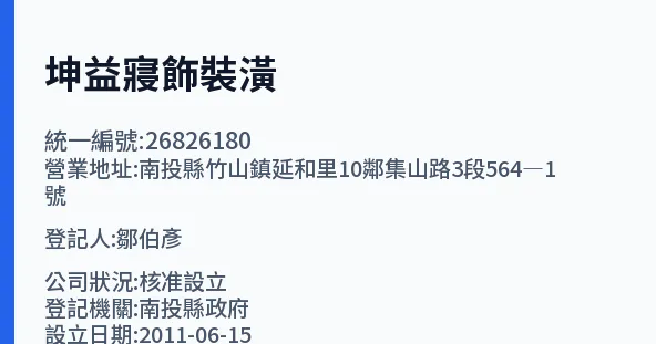 坤益寢飾裝潢的照片-統編 26826180(南投縣) 公司登記資料與營業項目詳細圖表