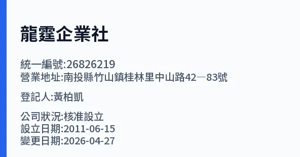 龍霆企業社的照片-統編 26826219(南投縣) 公司登記資料與營業項目詳細圖表